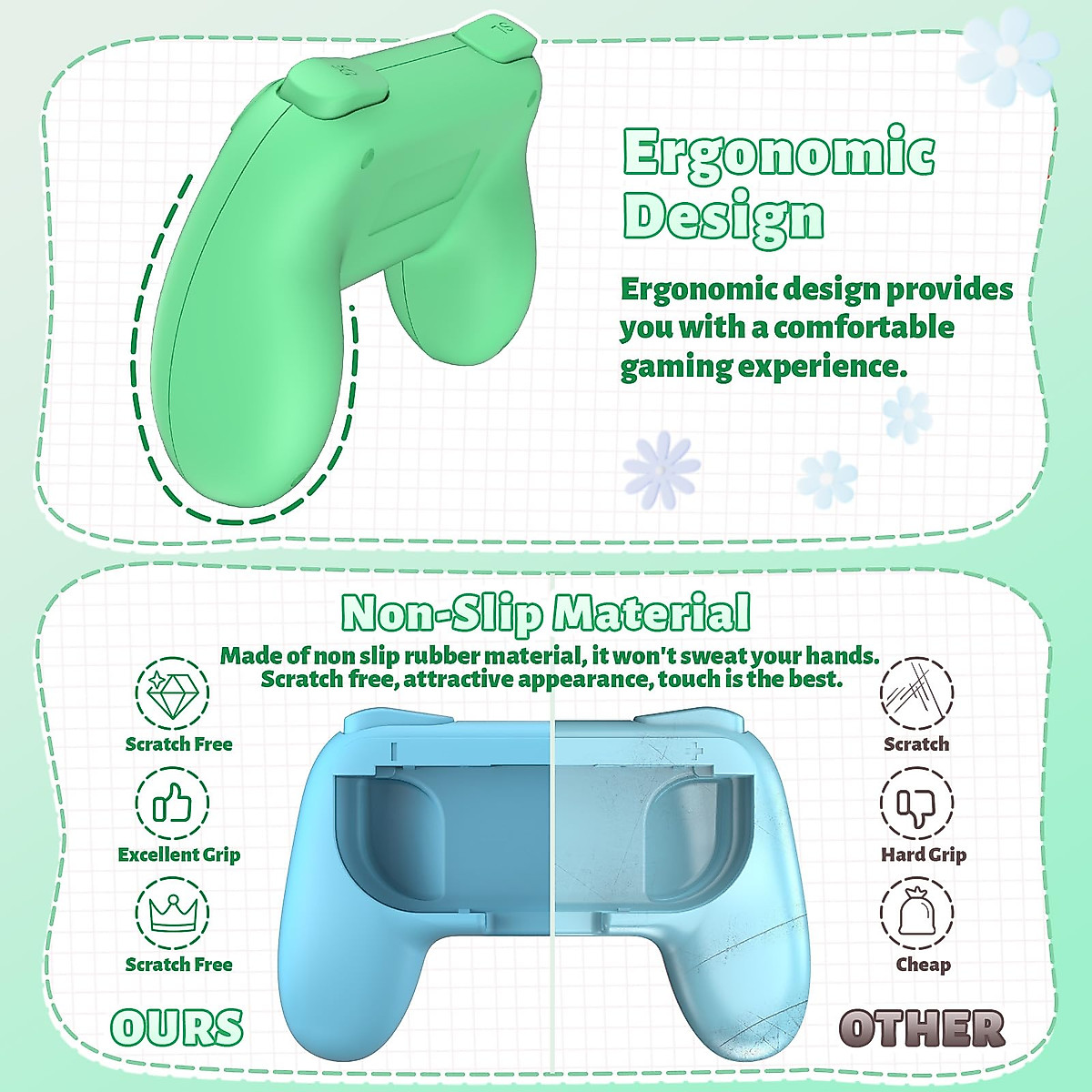 FASTSNAIL Grips Compatible with Nintendo Switch for Joy Con & OLED Model for Joycon, Wear-resistant Handle Kit Compatible with Joy Cons Controllers, 2 Pack(Light Green and Light Blue)