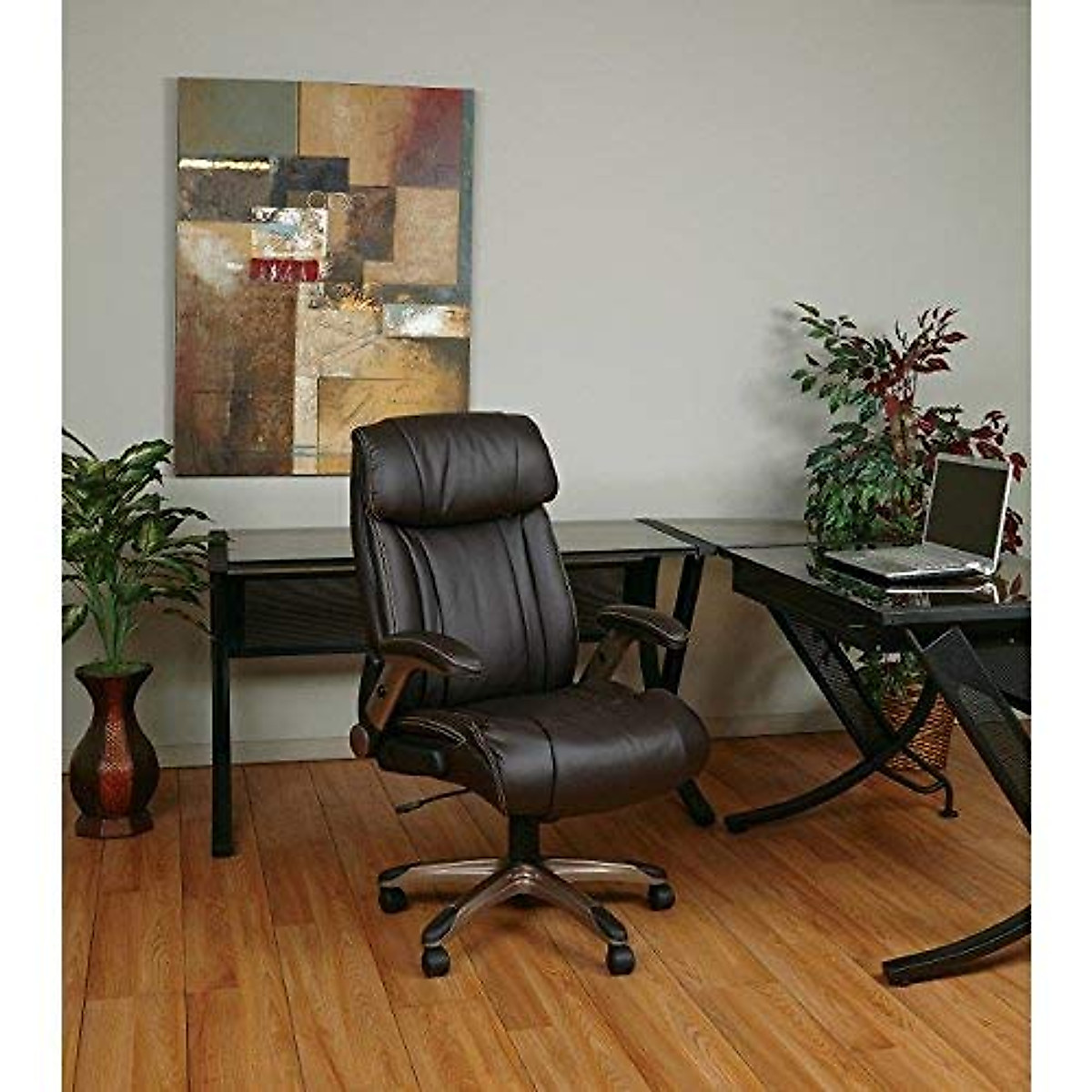Office Star ECH Series High Back Executive Bonded Leather Office Chair with Adjustable Padded Flip Arms, Espresso with Cocoa Coated Base