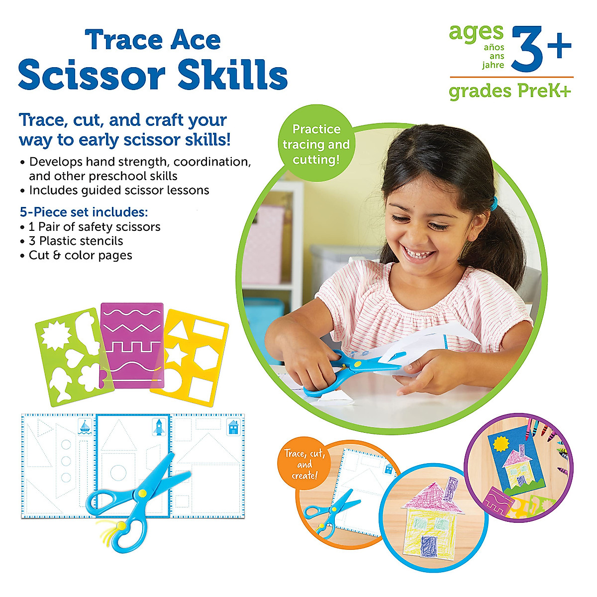 Learning Resources Trace Ace Scissor Skills Set - 7 Pieces, Ages 3+ Toddler Learning Supplies, Homeschool and Classroom Activities, Fine Motor Tools for Toddlers