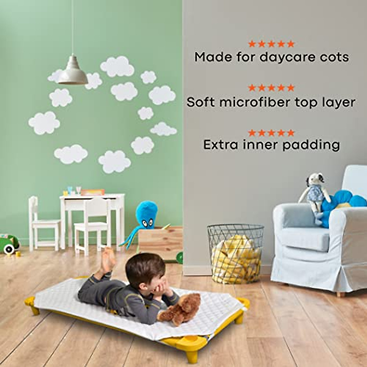 COTMAT Padded Cot Cover & Nap Mat for Daycare & Preschool Cots. Includes Elastic Corner Straps, Name Tag and Extra Padding for Soft Comfortable Naps. Cot Not Included. Washable, White, 51 x 23 Inches.