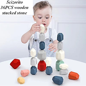 Scizorito 36 PCS Wooden Colorful Sorting Stacking Balance Stone,Lightweight Educational Preschool Learning Game, Natural Montessori Puzzle Set Toys for Children Over 3 Years Old
