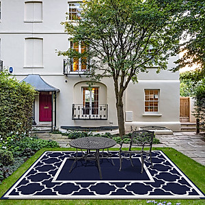 GENIMO 6' x 9' Outdoor Rug Waterproof for Patio Decor, Foldable Reversible Plastic Straw Area Rugs Mat for Camper, Outside Carpet for Rv, Deck, Porch, Picnic, Beach, Balcony, Blue & White