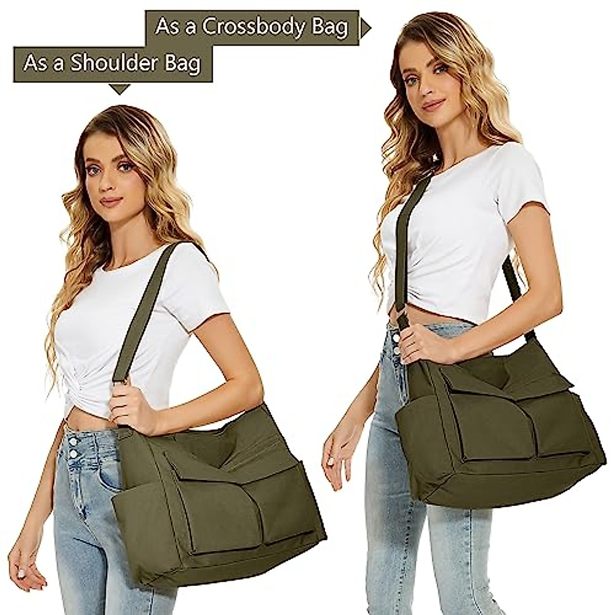 KALIDI Canvas Tote Bag, Messenger Bag with Pockets, Large Crossbody Bag for Women or Men, Casual Canvas Shoulder Bag for College Work Travel Daily, Army Green