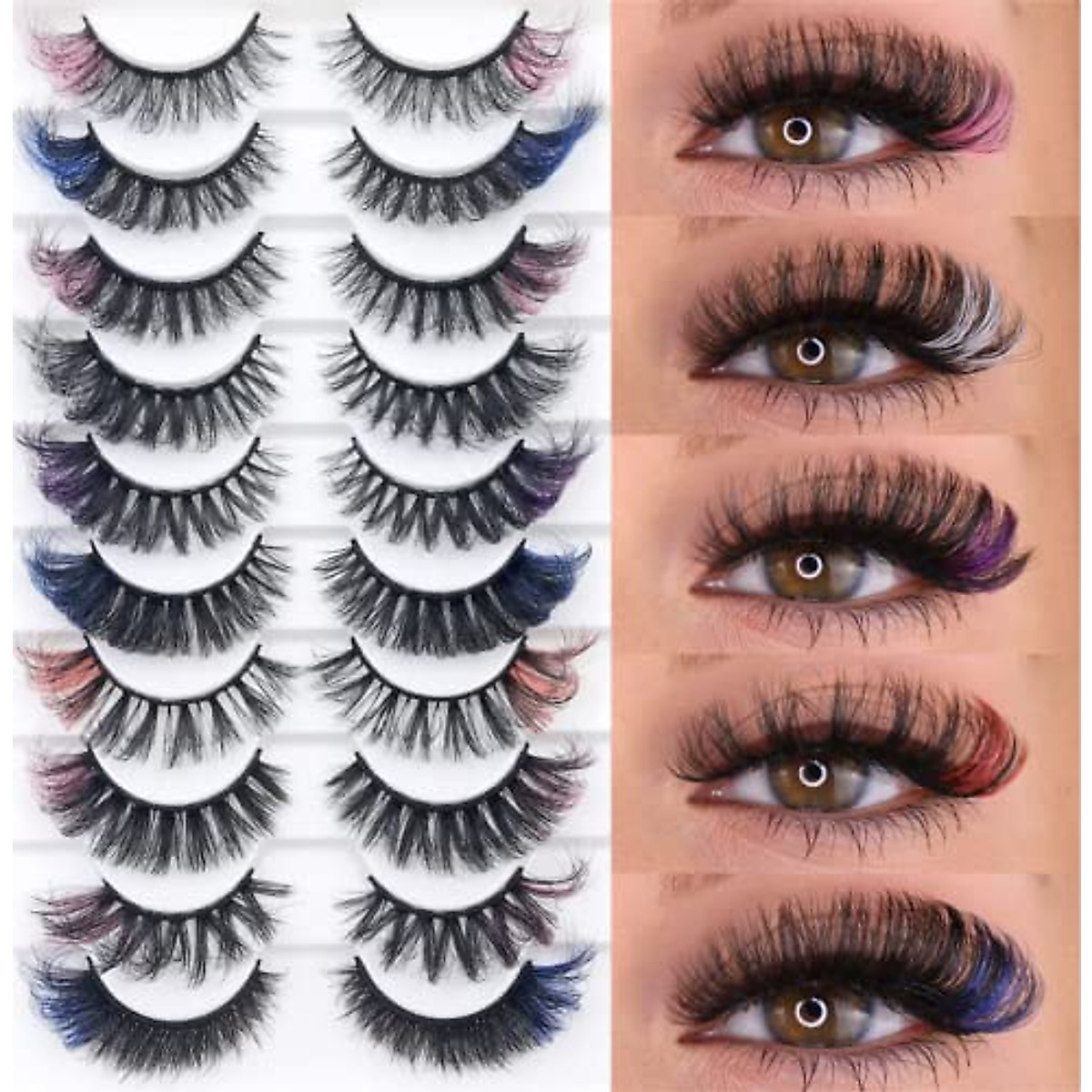 IFLOVEDEKD 10 Pairs Colored Lashes Russian Strip Lashes with 5 Colors 8 Styles Eyelashes Mix Wispy Faux Mink Fluffy Long False Eyelashes Reusable D Curl Lash Strips