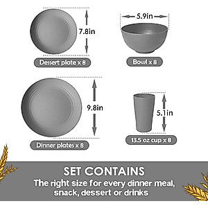 Teivio 32-Piece Kitchen Plastic Wheat Straw Dinnerware Set, Service for 8, Dinner Plates, Dessert Plate, Cereal Bowls, Cups, Unbreakable Colorful Plastic Outdoor Camping Dishes, Grey