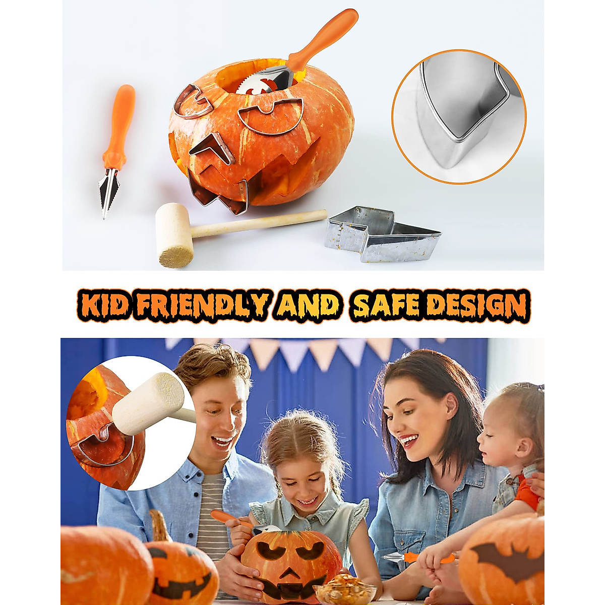 JUSTOTRY Pumpkin Carving Kit with Hammer Safe for kids, Halloween Pumpkin Cutter Tools, Durable Stainless Steel Non-knife Shaped Stencils, Pumpkin Carving Set for Adults, 23 PCS