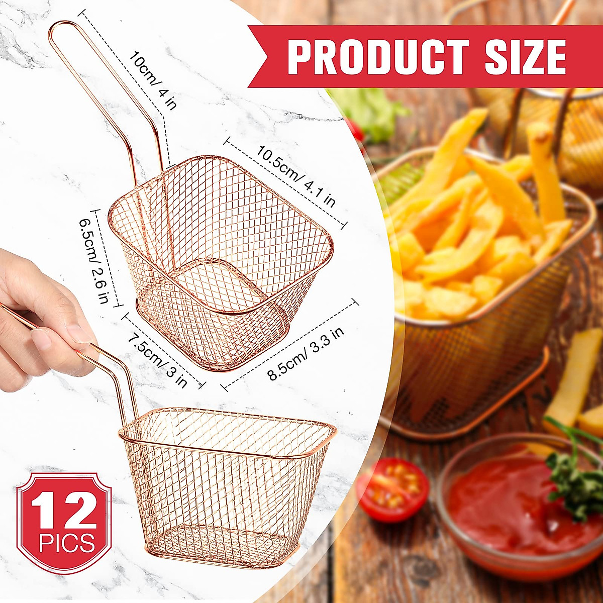 Sieral 12 Pieces Mini Square Fry Basket Steel French Chip Food Baskets for Serving Stainless with Handle Reusable Fries Holder Deep Fryer Home(Rose Gold), 10.5 x 8.5 x 6.3 cm/ 4.1 x 3.3 x 2.5 inches