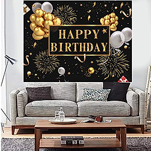Saliyaa 7x5ft Happy Birthday Backdrop Banner, Birthday Party Decor,Black Gold Poster Photo Booth Backdrop Background Banner for Men Women 30th 40th 50th 60th 70th 80th Bday Party Supplies