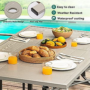 YITAHOME 7-Piece Patio Dining Set, Outdoor Wicker Conversation Furniture with 2 Rocking Chairs, Soft Gray Cushions and Imitation Wood Grain Dining Table for Backyard, Balcony and Garden