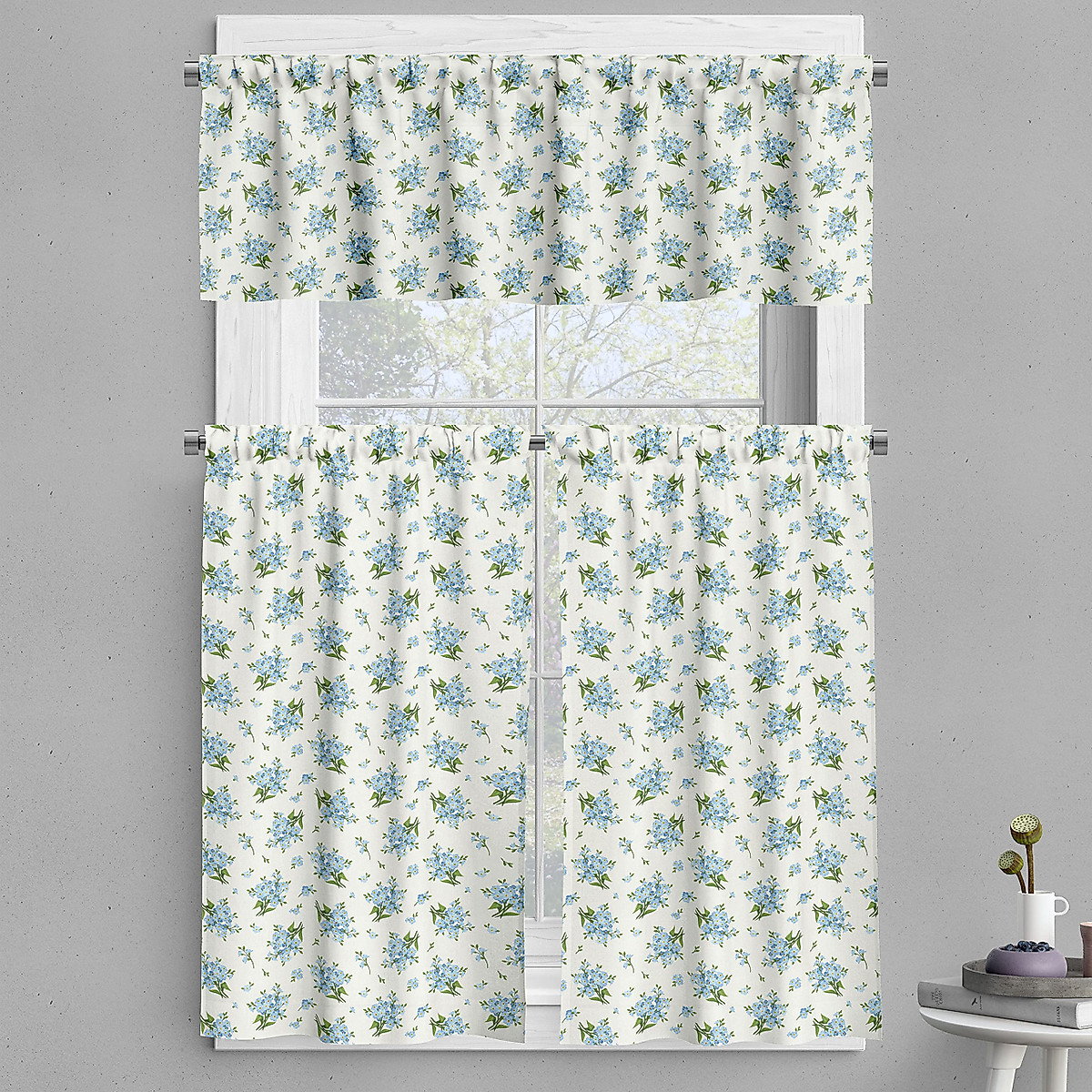 Ambesonne Ivory and Blue Valance & Tier Curtain 3 pcs Set, Forget-me-not Flowers Pattern Fresh Foliage on Ivory Backdrop, Window Treatments for Room Kitchen Decor, 55" x 24", Pale Blue Ivory and Green