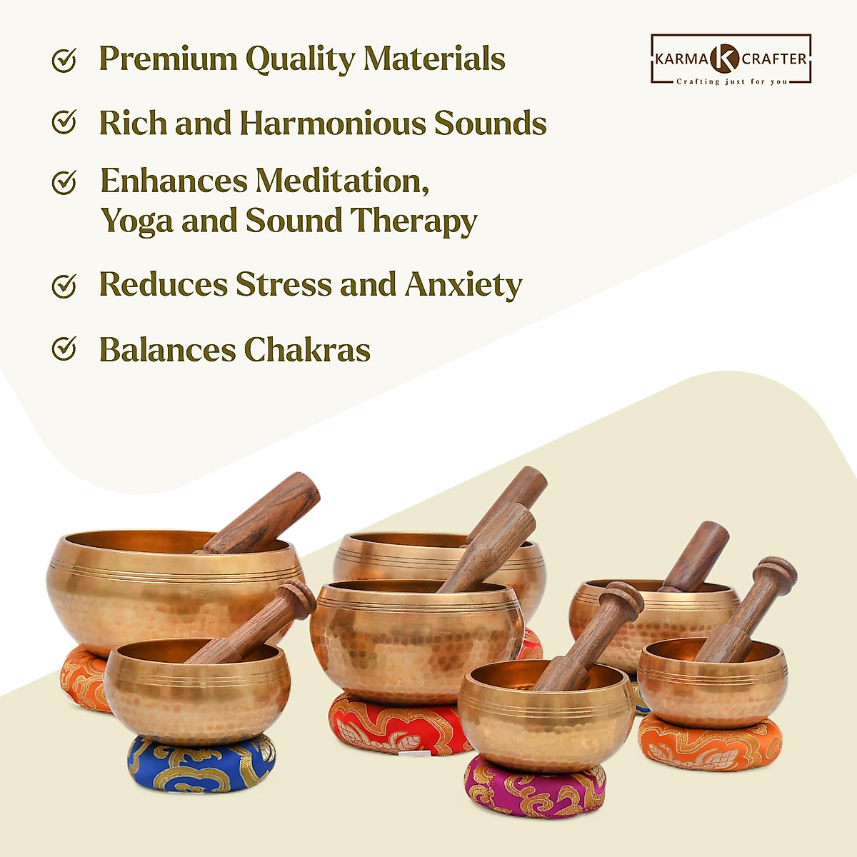 Karma Crafter Tibetan Singing Bowl Set Handcrafted in Nepal - 7 Chakra Bowl for Sound Bath, Meditation, Yoga, Mindfulness and Healing