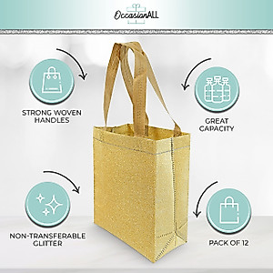Gold Gift Bags - 12 Pack Medium Reusable Gift Bag Tote with Handles, Holographic Glitter Design, Eco Friendly for Christmas & Holiday Gifts, Birthday, Wedding & Party Favors, in Bulk - 8x4x10