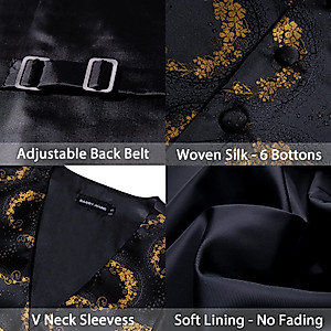 Barry.Wang Mens Suit Vest Gold Flower Silk Jacquard Waistcot Ties Set Formal/Leisure 5PCS