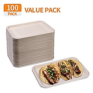 Celel 100 Pack 8 Inch Rectangle Paper Plates Heavy Duty, Bend-Resist Compostable 8 inch Disposable Trays for Taco, Burrito, Meat, Hot Dog