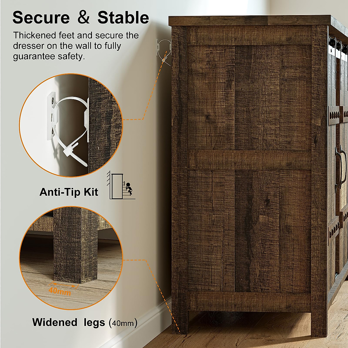 REAHOME Buffet Cabinet with Storage, 48" Sideboard Buffet Cabinet with Sliding Barn Doors & 3 Drawers, Farmhouse Wood Coffee Bar Cabinet Buffet Table for Kitchen, Dining Room, Rustic Brown