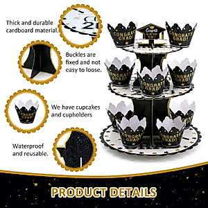 2-Set Class of 2023 Black Gold 3-Tiered Graduation Round Cardboard Cupcake Stands 24 Cake Inserts and 24 Cake Borders for Grad Themed Party Decor Graduation Dessert Favors Supplies (Black Gold)