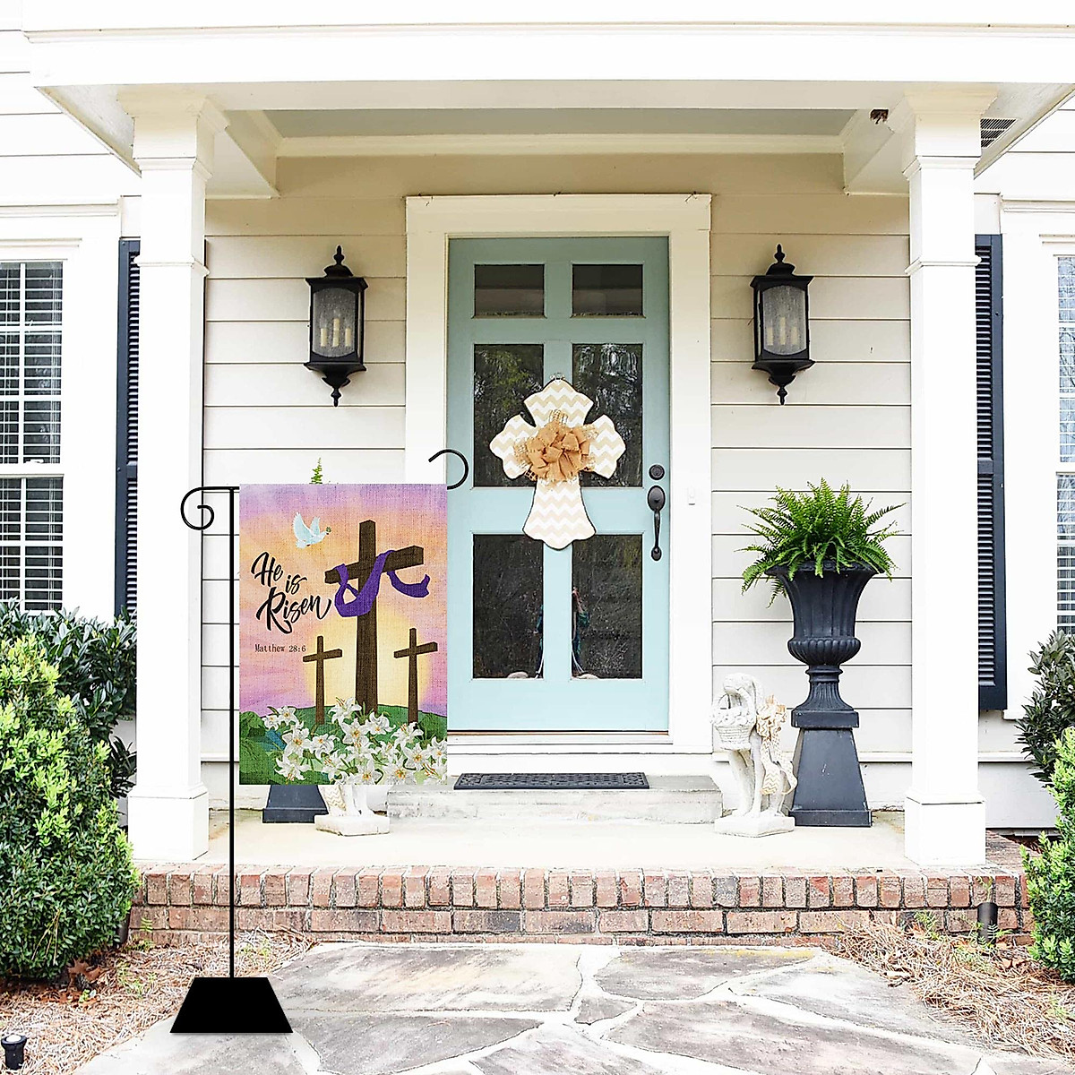 WATINC He is Risen Garden Flag Easter Cross Burlap Matthew 28:6 Vertical House Flag Double Sided Happy Easter Religious Jesus Christian Party Decorations Supplies for Lawn Yard Outdoor 12 x 18 In