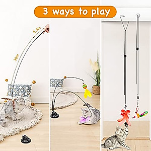 HOSFROLL Cat Toys Wand, Interactive Cat Toy with Super Suction Cup Sticky Detachable 12 PCS Feather Replacements 2 Wands Cat Spring Feather Toys for Indoor Cats Kitten Toys (8 Toys Double Headed)