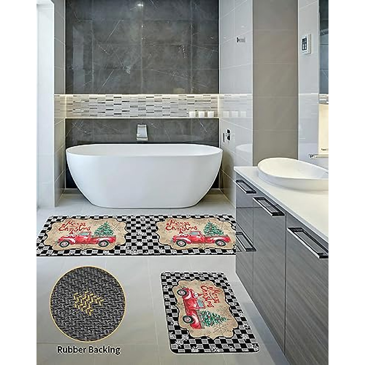Christmas Bath Mat for Tub,Non Slip Bathroom Floor Runner Rug Quick Dry & Absorbent Diatomaceous Earth Shower Sink Bedroom Kitchen Washable Doormat,Red Truck Snow Tree Black Checkered 16x24+16x47
