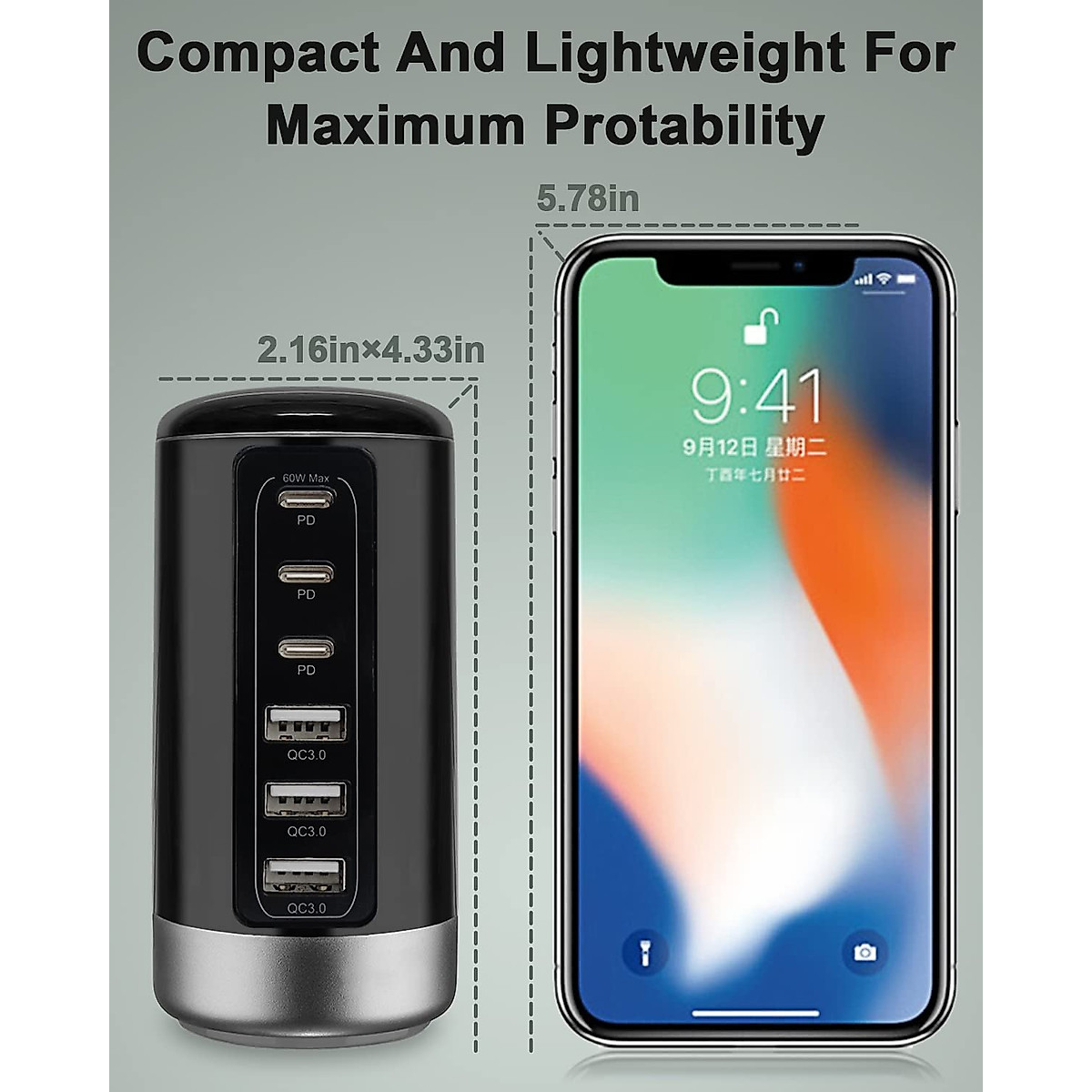 Universal USB & USB C Tower Fast Charging Station 6-Port 60W - Compact, Space-Saving Design with Multiple USB & USB-C Ports for All iPhone Galaxy Note Pixel iPad Multiple Devices