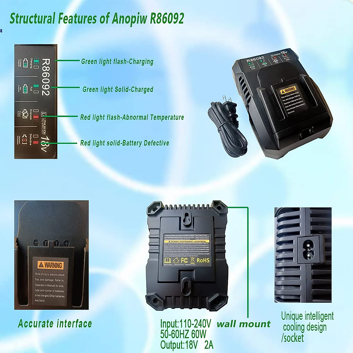 ANOPIW R86092 Replace Ridgid R86092 18V Lithium Ion Battery Charger to Charge Ridgid 18V Lithium Ion Battery R840083, R840085, R840086。。。