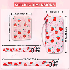 RHOTALL Cute Carrying Case for Nintendo Switch & Switch OLED Cover, Hard Portable Travel Case for Switch Accessories with Game Case, 2 Joy Con Shell, Shoulder Strap, and 2 Thumb Caps - Pink Strawberry
