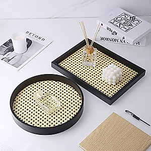 Rectangle Serving Tray with Imitated Rattan, Ottoman Tray, Black Decorative Tray, Basket Serving Tray with Black Wooden Frame for Coffee, Breakfast, Food, Drink, 14'' x 9.8'' x 1.8''