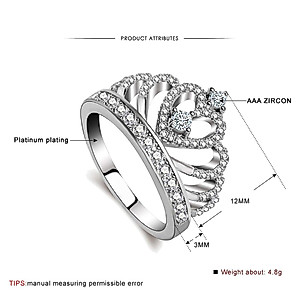 Princess Queen Crown Rings for Women Eternity Heart-Shaped Promise Ring Zircon Jewelry Silver 6