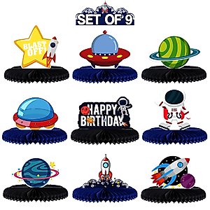 LINGTEER Outer Space Birthday Table Honeycomb Centerpieces - 9 pcs Astronaut Solay System Theme Happy Birthday Party Decorations Sign.