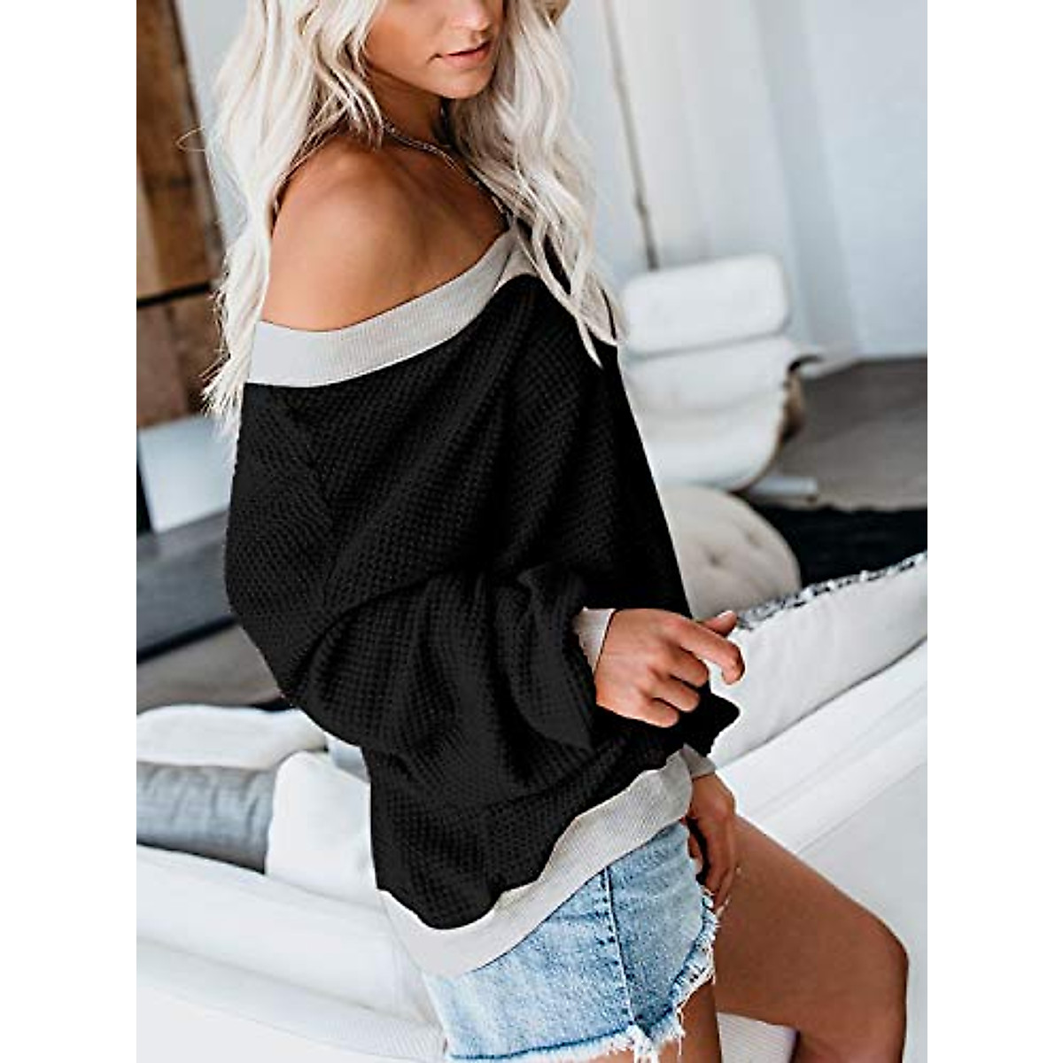 Women's Casual V Neck Long Sleeve Waffle Knit Off Shoulder Top Oversized Pullover Sweater Black XX-Large