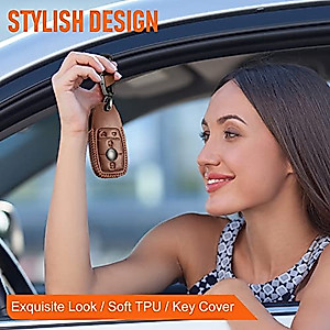 Slohif for Benz Leather Key Fob Cover Accessories for 2020-2021 Mercedes GLC 300 GLB 250 GLE350 4 Buttons, Leather Case+D-Ring+Hook(Brown)