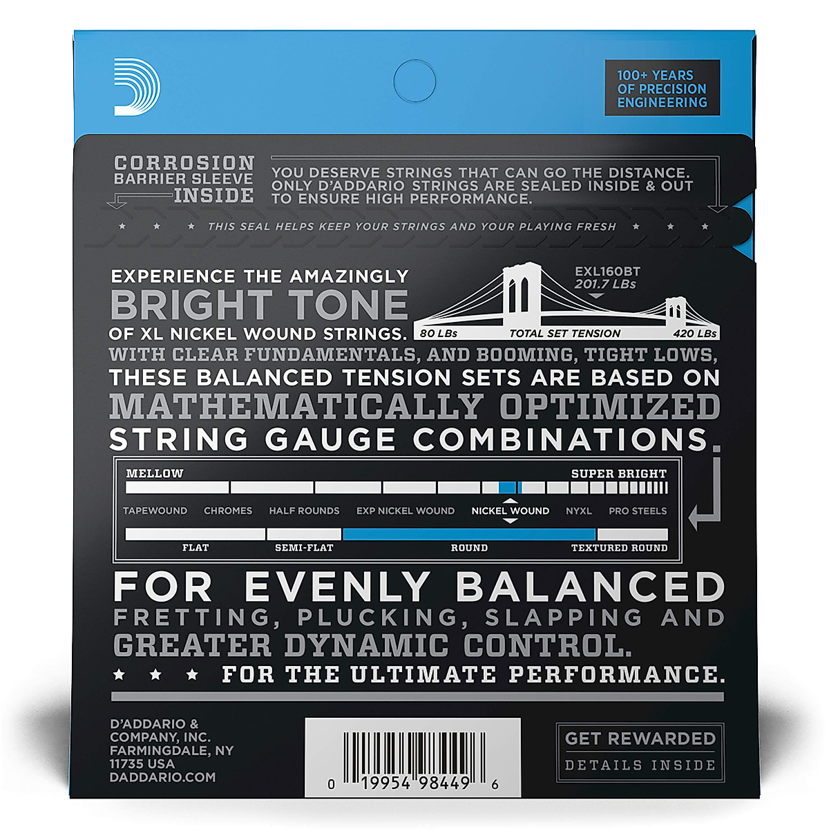 D'Addario Electric Bass Guitar Strings - EXL160BT 50-120 - Nickel Wound Bass Strings - For Bass Guitar 4 String - Balanced Tension Medium