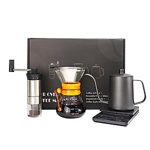 Pour Over Coffee Kit Chemex Coffee Maker Set, All in One Hand Drip Coffee Set, Coffee Grinder Manual Set, Ideal for Anniversary Birthday Gift