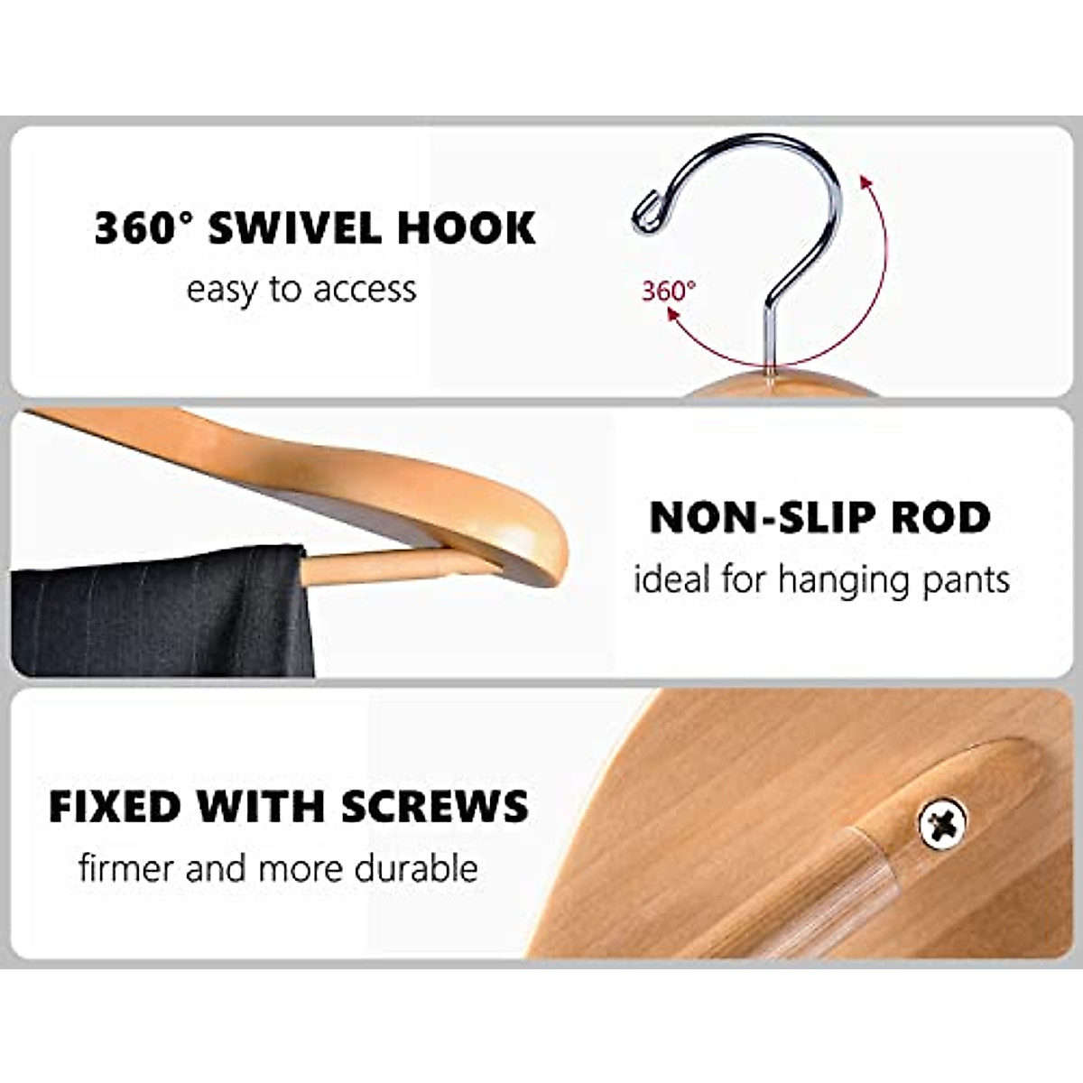 Amber Home 6 Pack Wide Shoulder Wooden Suit Coat Hangers with Non Slip Pants Bar, Solid Wood Jacket Clothes Hangers Smooth Finish for Sweater, Pants, Heavy Clothes (Natural, 6 Pack)