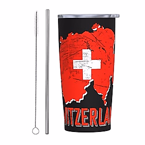 VKKOEWL Switzerland Swiss Flag Map Stainless Steel Insulated Tumbler 20 Oz Travel Water Bottle Coffee Mug Drink Cup With Lid Straw
