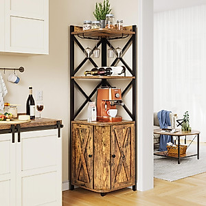 YITAHOME Corner Bar Cabinet with Glass & Wine Holder, Industrial Corner Shelf with Wine Storage, 5-Tiers Liquor Cabinet Bar for Home/Living Room/Kitchen, Rustic Brown