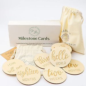 Yumi and Berry Baby Milestone Cards from Newborn to 2 Years Wooden Monthly Discs Comes with Hello World Sign Weekly Wood Dics - Month Signs (Wild Brave 15 Pieces Set) beige