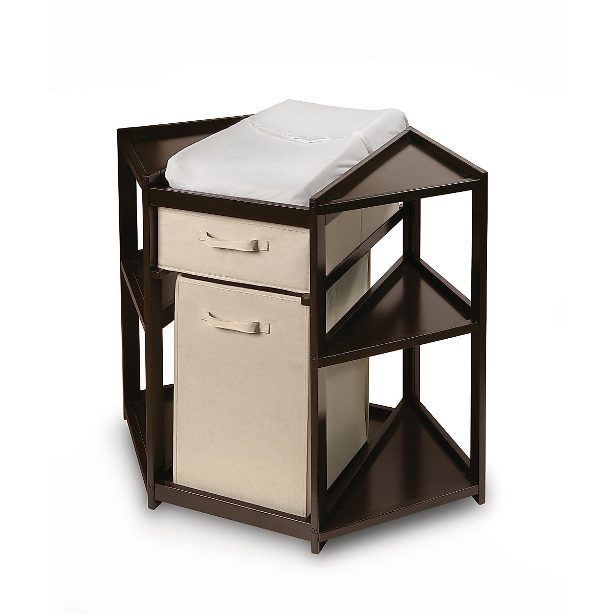 Badger Basket Corner Diaper Changing Table with Laundry Hamper, Storage Bin, and Contoured Pad for Baby - Espresso