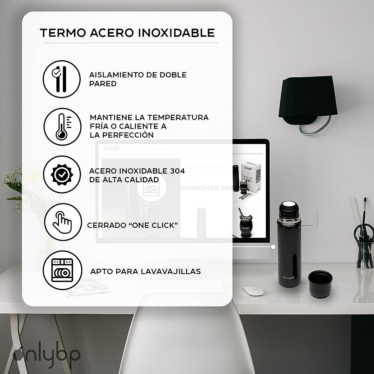 OnlyBP® Argentinian Yerba Mate Set - Includes Yerba Mate Cup, Thermos, 2 Bombillas and Cleaning Brush - Premium Quality 304 Stainless Steel - Double-Walled