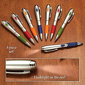 Collections Etc Smooth-Writing Black-ink Pens with Flashlight at the End - Set of 8