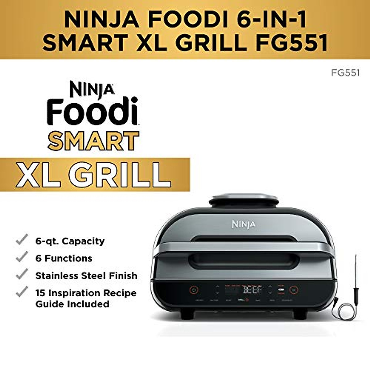 Ninja FG551 Foodi Smart XL 6-in-1 Indoor Grill with Air Fry, Roast, Bake, Broil & Dehydrate, Smart Thermometer, Black/Silver