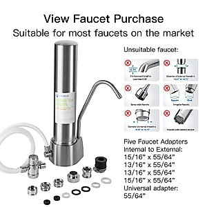 FACHIOO Countertop Water Filter, NSF/ANSI 42&53 Certified,4-Stage Stainless Steel Faucet Water Filter for 8000 Gallons, Reduces Heavy Metals, Bad Odor and 99% Chlorine(1 Ceramic Filter Included)