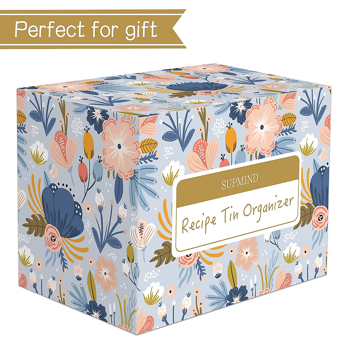 SUPMIND Recipe Box, Recipe Card Box for 4" x 6" Recipe Cards, Durable Metal Recipe Holder, Decorative Recipe Tin with Gift Box