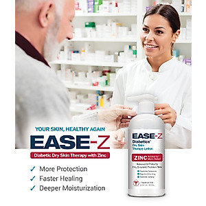 EASE-Z Diabetic Lotion for Dry Skin. Clinically Proven ingredients and ZINC relieve dryness, reduce redness, and calm itching. With Shea Butter. Fast-Acting, Long-Lasting. 10.9 oz