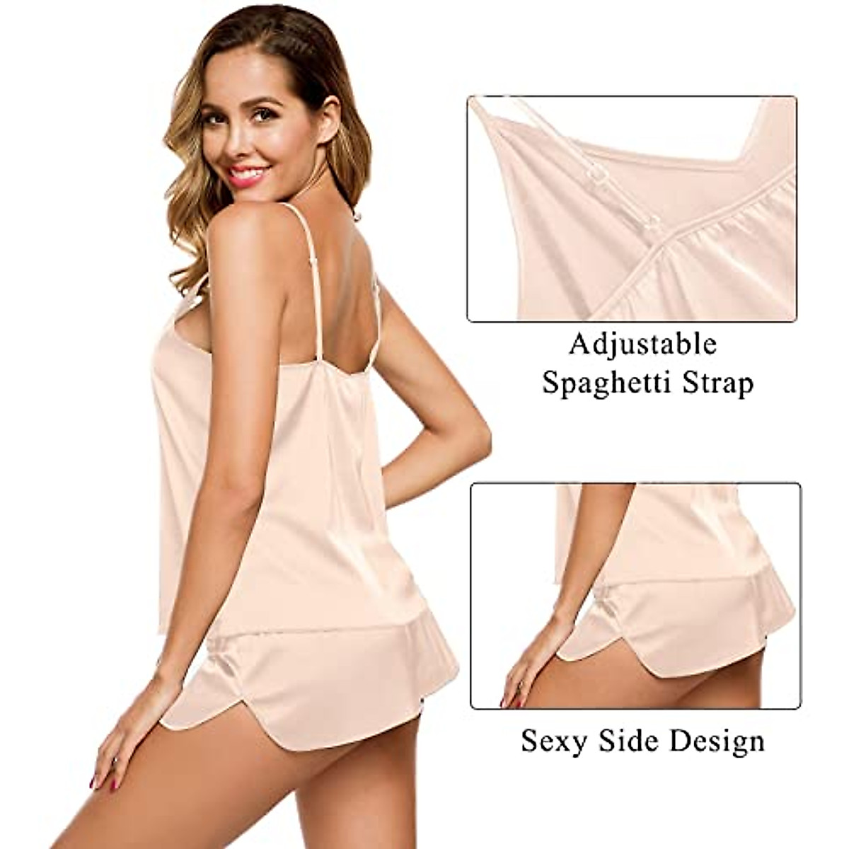 SWOMOG Women's Satin Pajamas 4 Pcs Pajama Set Cami Short Set and Long Sleeve Button Down Pj Sets Champagne