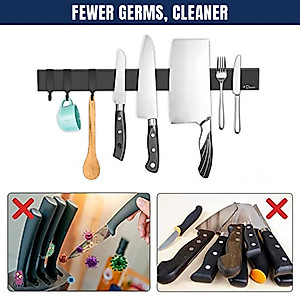 Dmore magnetic knife holder for wall—with 3 hooks, No Drilling 16 Inch black knife magnetic strip, Powerful knife magnet rack, include Adhesive Tape and screws for Knives, Utensils, and Tools