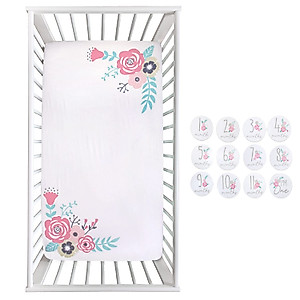 Fisher Price Cotton Fitted Crib Sheet Woodland Wonders Forest Theme Milestone Blanket for Baby Girl with Milestone Blanket Marker Wreath