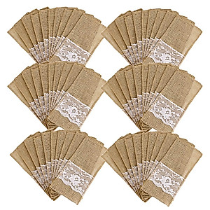 OwnMy Natural Burlap Tableware Utensil Holders Burlap Lace Silverware Holder Linen Knife and Forks Cutlery Pouch Bag for Vintage Rustic Wedding Party (Beige-60 Packs)