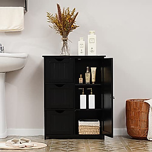 Iwell Bathroom Cabinet, Floor Storage Cabinet with 1 Door & 3 Drawers, Freestanding Entryway Bathroom Storage Cabinet for Bathroom, Living Room, Black