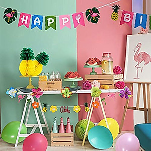 THAWAY Hawaiian Flamingo Pineapple Decor Luau Party Supplies Birthday Decorations includes Birthday Banner, Artificial Tropical Palm Leaves, Hibiscus Flowers, Tissue Paper Pineapples, Party Balloons